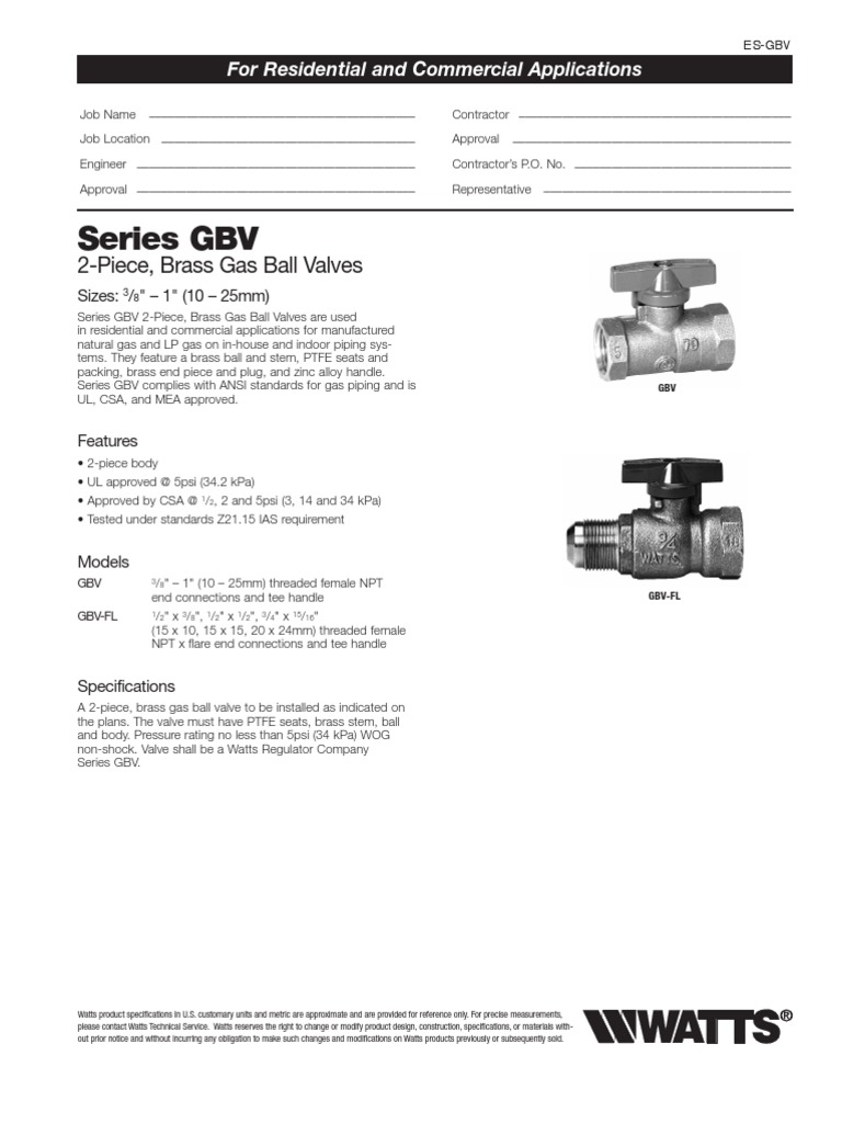 Series GBV Specification Sheet | PDF | Brass | Valve