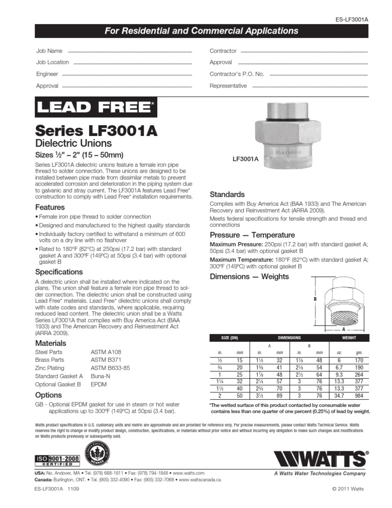 Series LF3001A Specification Sheet | PDF | Pipe (Fluid Conveyance ...