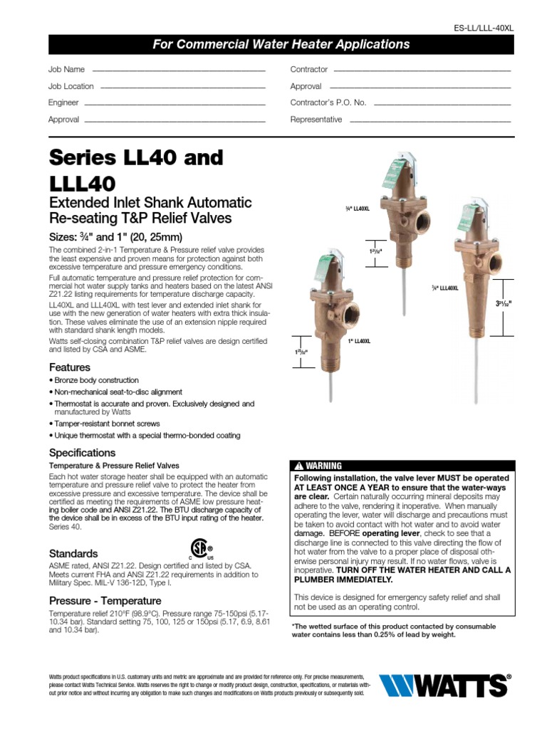 Series LL40 and LLL40 Specification Sheet | PDF | Water Heating | Valve