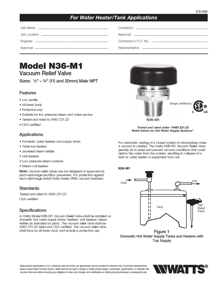 Model N36-M1 Specification Sheet | PDF | Hvac | Water Heating