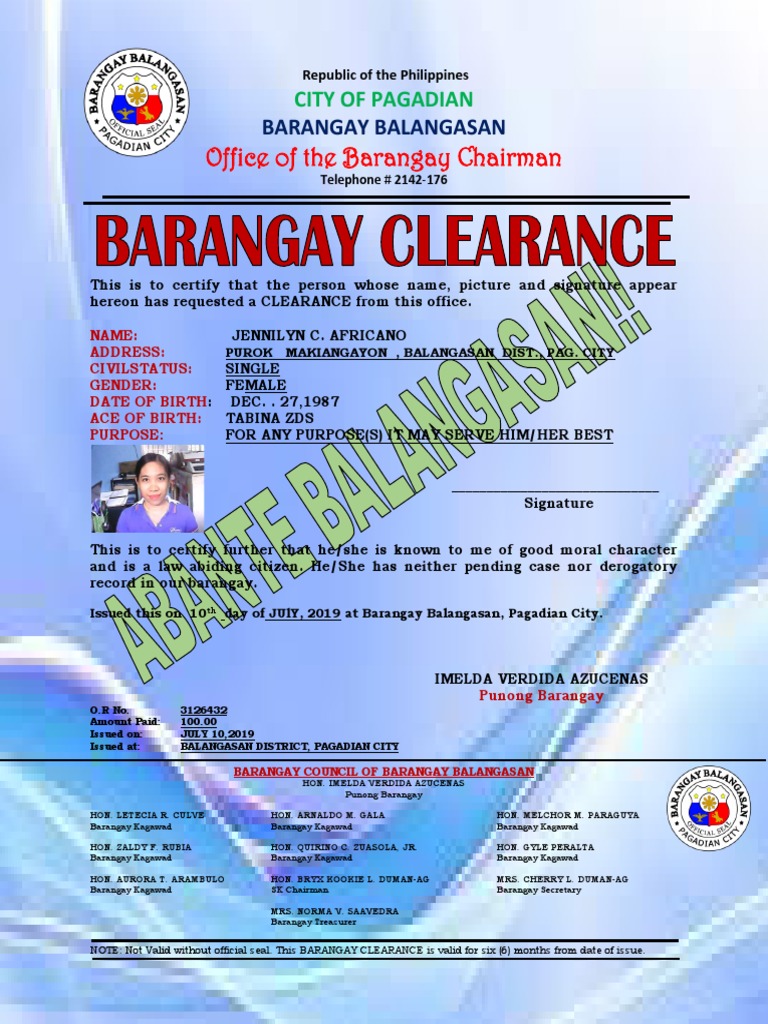 Barangay Clearance Sample Document | PDF