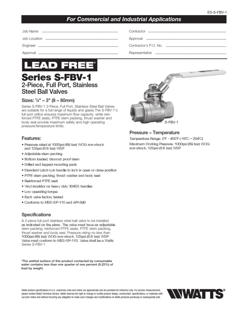 Lead Free Series S-FBV-1 2-Piece, Full Port, Stainless Steel Ball ...