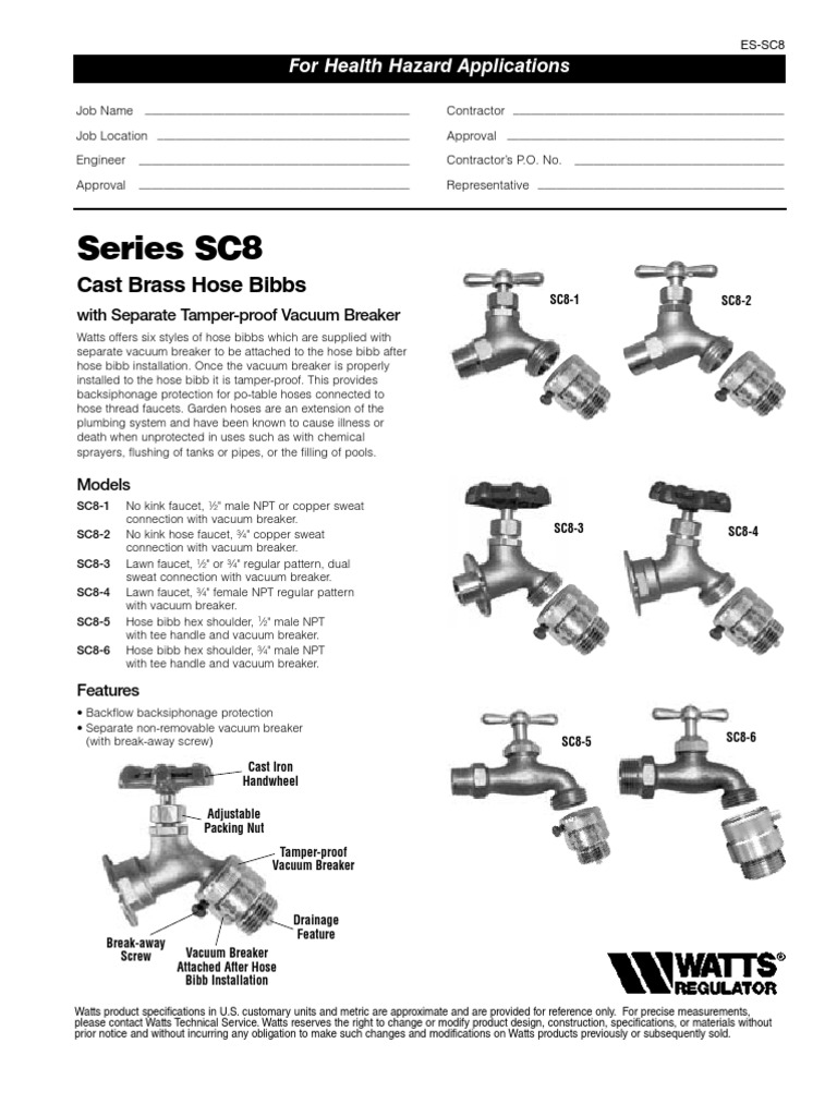 Series SC8 Cast Brass Hose Bibbs Specification Sheet | PDF | Tap (Valve ...