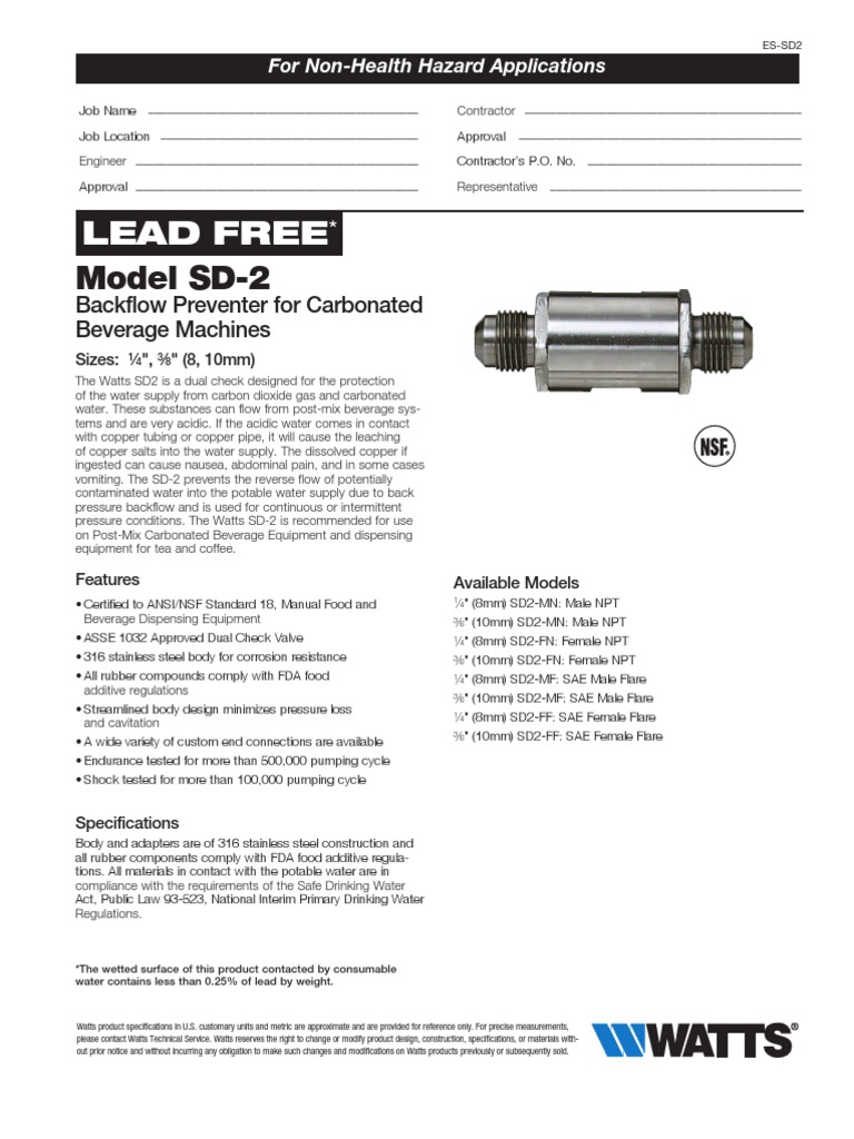 Lead Free Model SD-2 Backflow Preventer For Carbonated Beverage ...