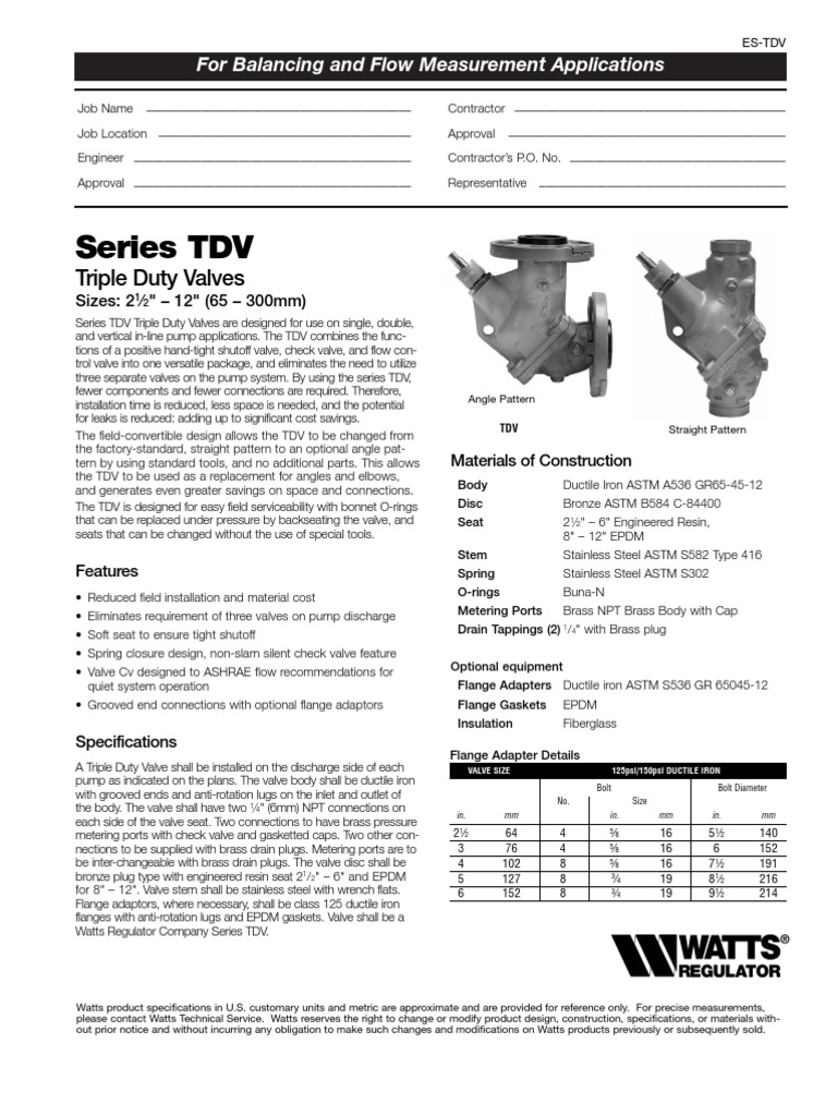 Series TDV Specification Sheet | PDF | Valve | Building Engineering