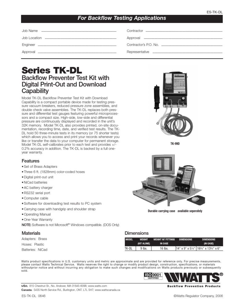 Series TK-DL: Backflow Preventer Test Kit With Digital Print-Out and ...