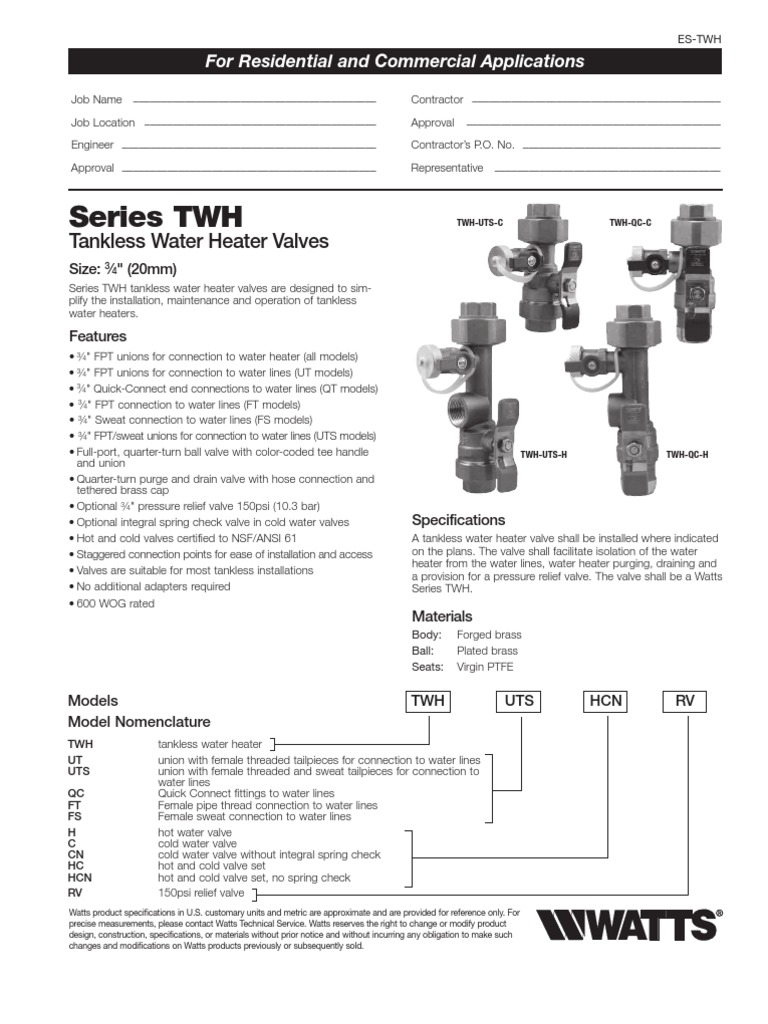Series TWH Specification Sheet | Valve | Water Heating