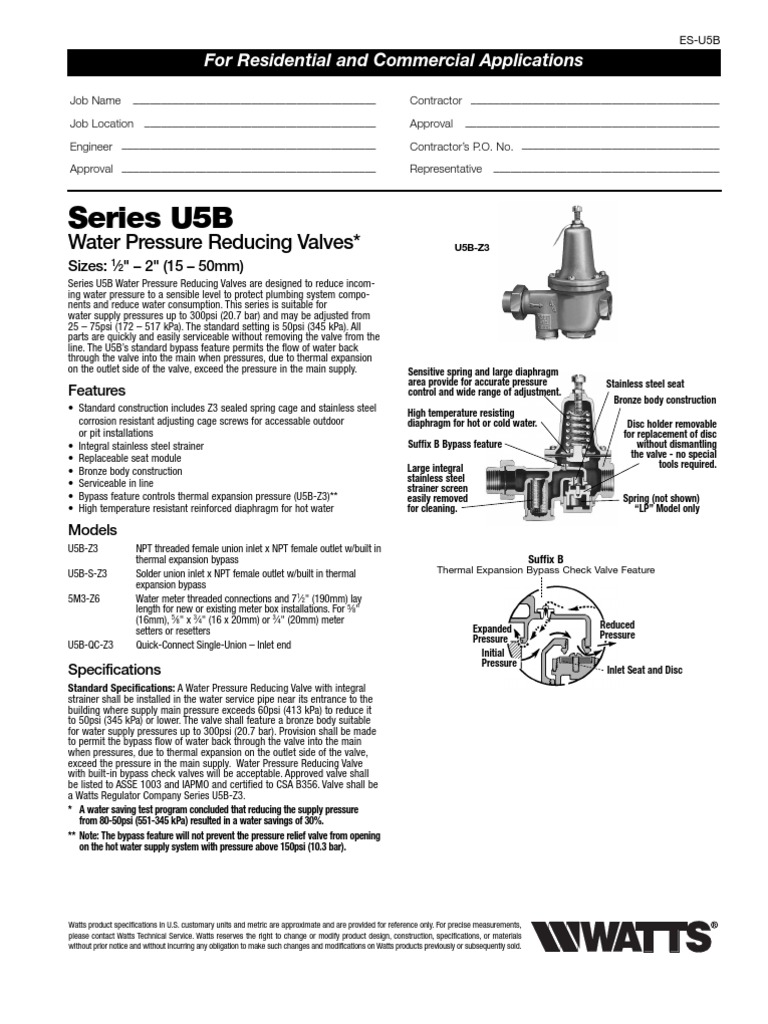 Series U5B Specification Sheet | PDF | Valve | Thermal Expansion
