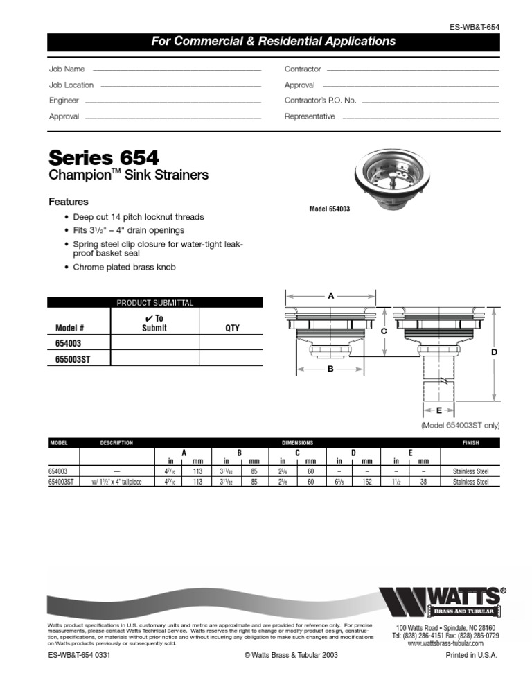 Series 654 Specification Sheet | PDF
