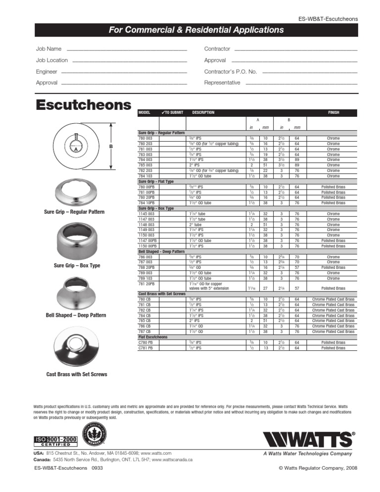 Escutcheons Specification Sheet Pdf Brass Industries