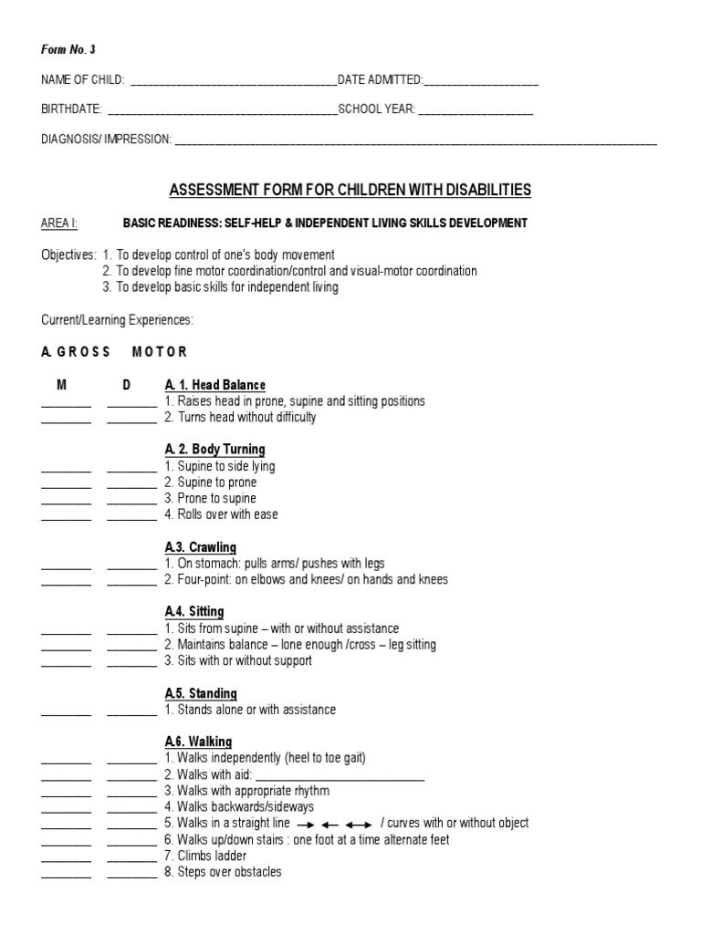 Assessment Form For Children With Disabilities: Basic Readiness: Self ...