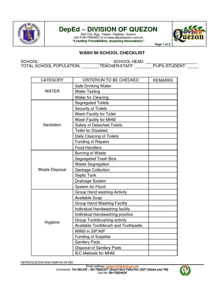 WINS Checklist Sample Ctto: DePedQuezon | PDF | Wash | Sanitation