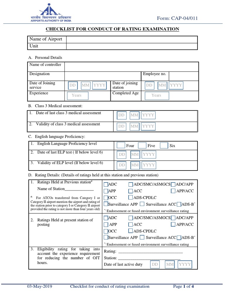Form CAP 04-011 - Checklist For Rating Board | PDF | Test (Assessment)