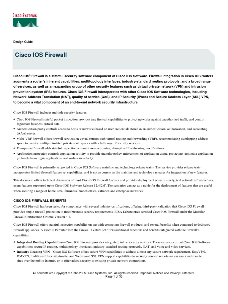 Cisco IOS Firewall Design Guide | PDF | Denial Of Service Attack | Firewall (Computing)