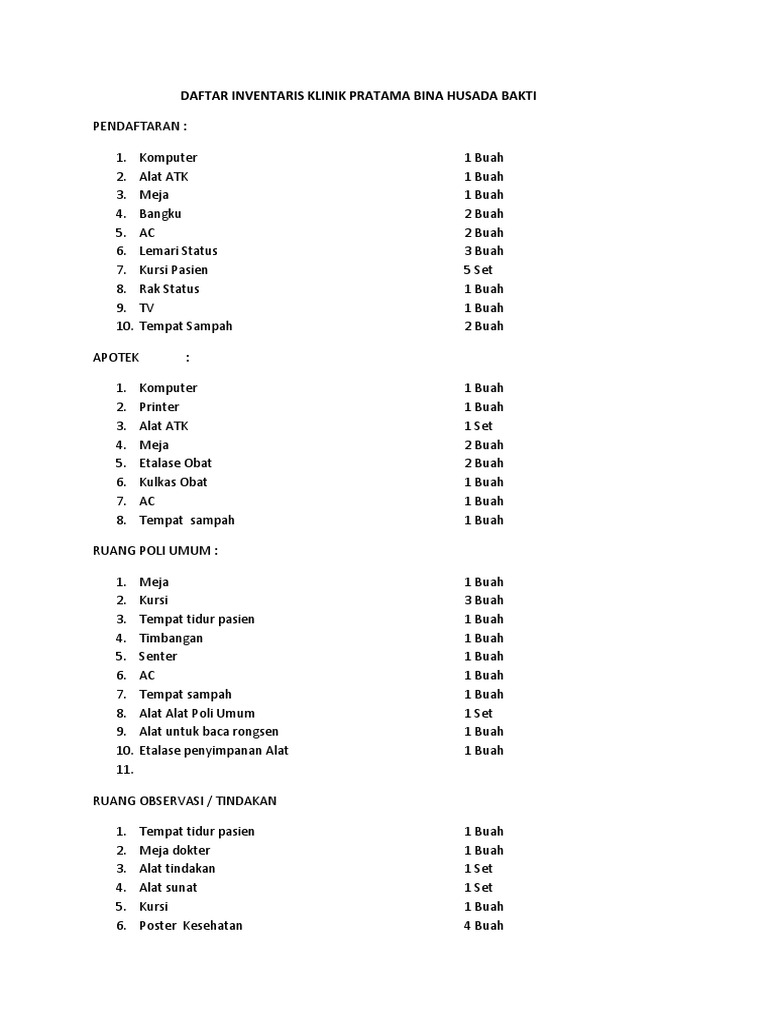 Daftar Infentaris Klinik Pratama Bina Husada Bakti | PDF Daftar Infentaris Klinik Pratama Bina Husada Bakti | PDF
