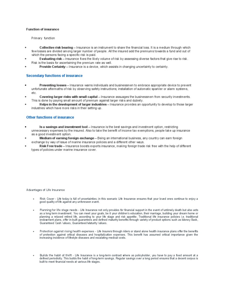 Function of Insurance | PDF | Insurance | Life Insurance