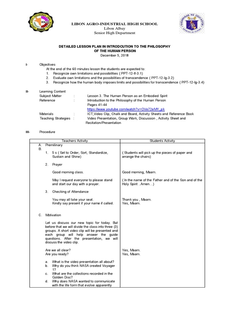 Lesson Plan: Philosophy of Human Person | PDF | Lesson Plan | Human