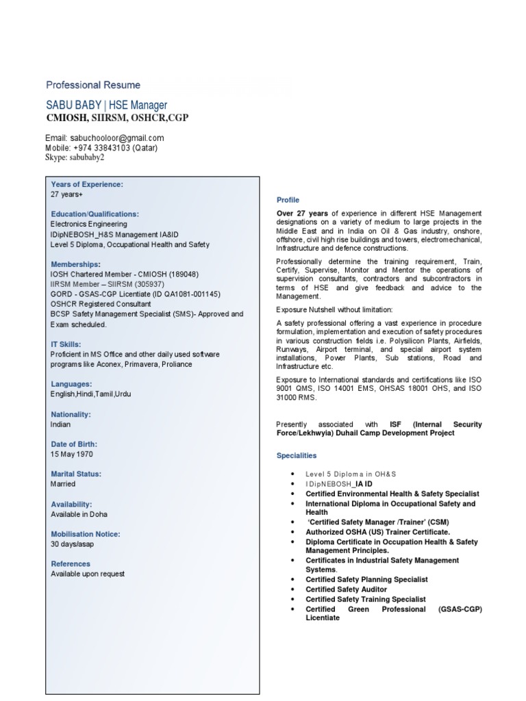 CV Hsem Sabu 2017 | PDF | Safety | Occupational Safety And Health