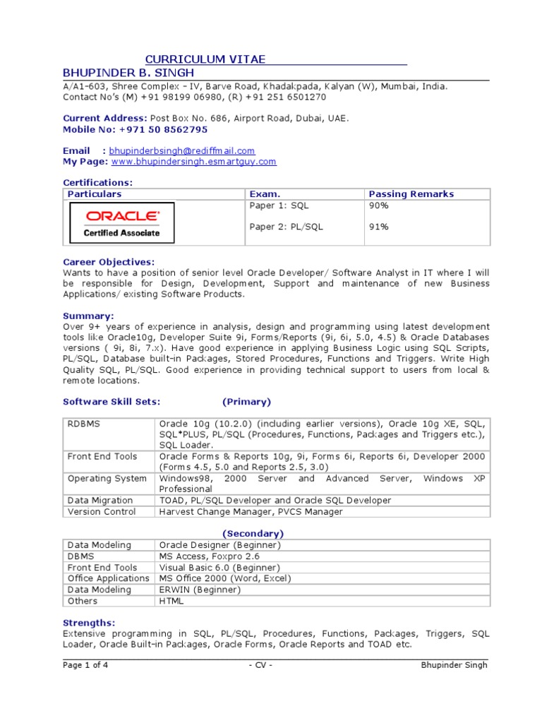 Curriculum Vitae Bhupinder B. Singh | PDF | Oracle Database | Pl/Sql