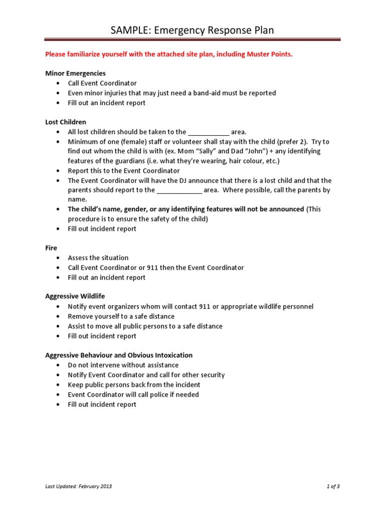 SAMPLE: Emergency Response Plan: Minor Emergencies | PDF | Emergency ...