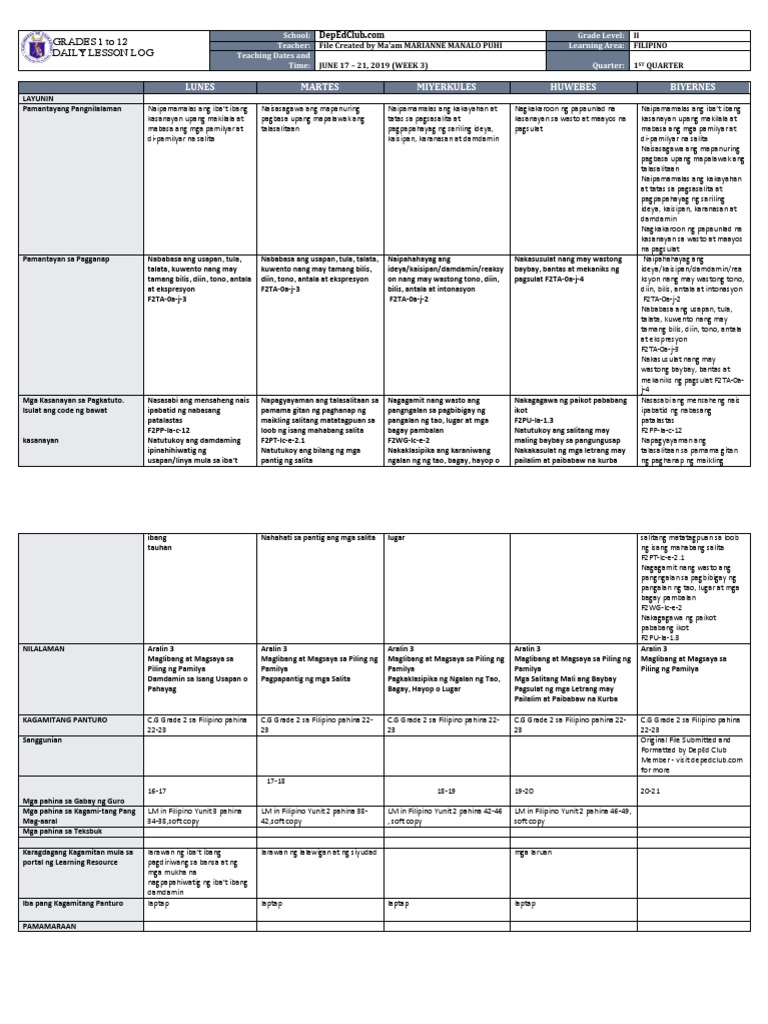 DLL - Filipino 2 - Q1 - W3 | PDF