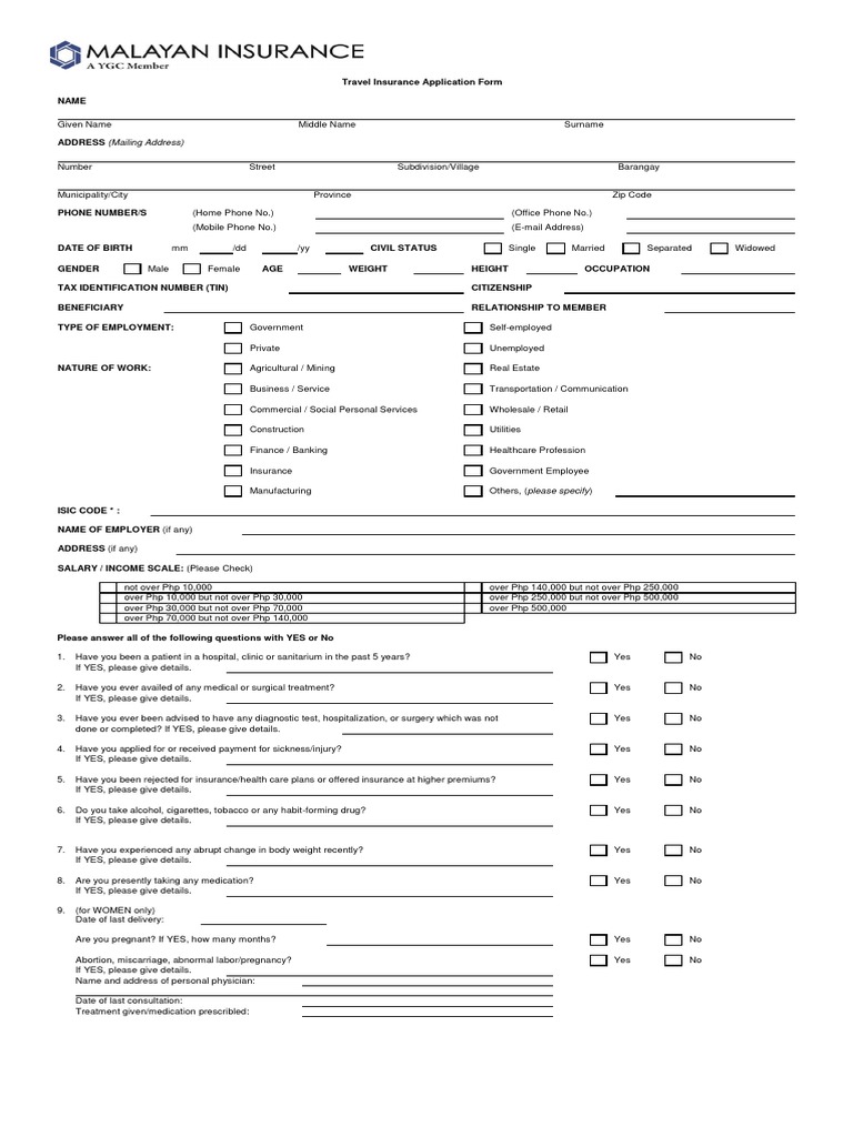 Travel Insurance Application Form - Updated PDF | PDF | Chronic ...
