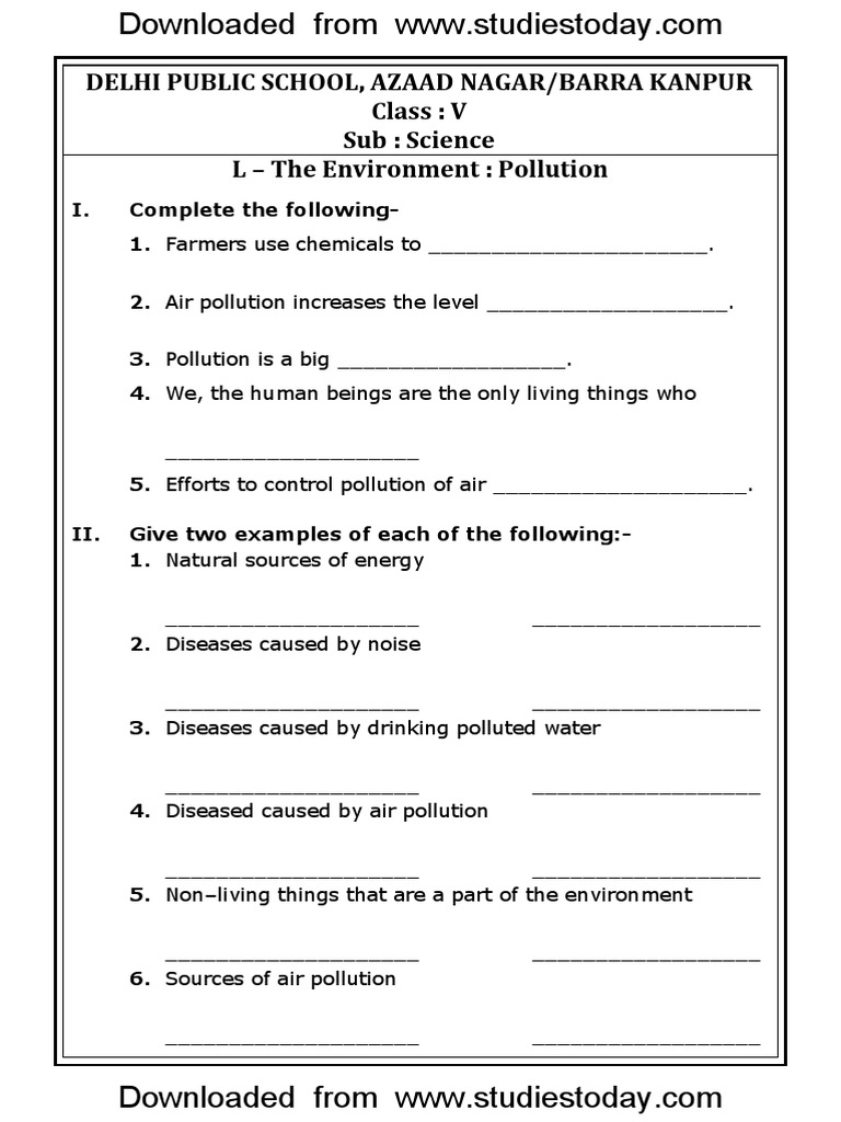 CBSE Class 5 Science Worksheets (16) - The Environment-Pollution | PDF ...