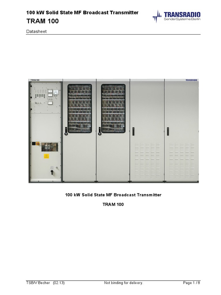 TRAM 100: 100 KW Solid State MF Broadcast Transmitter | PDF | Amplifier ...