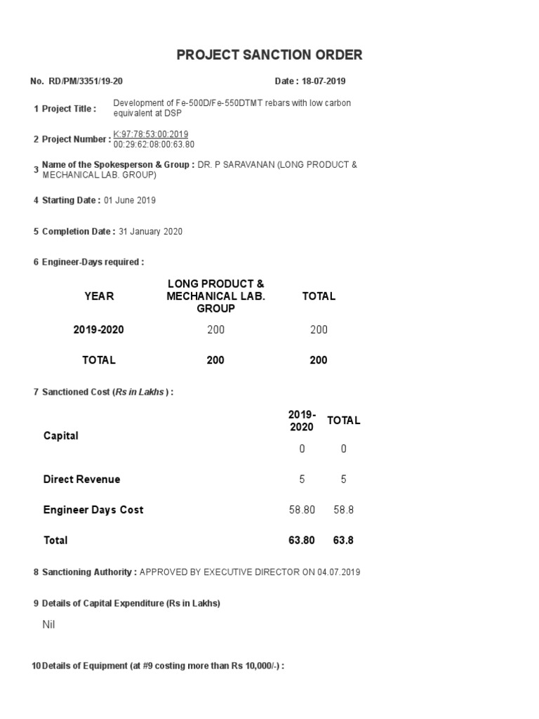 Project Sanction Order | PDF | Business