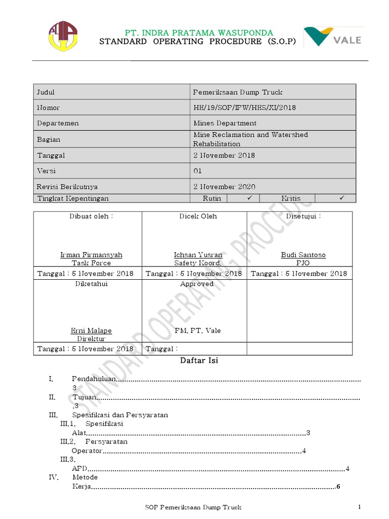 HE - 19. SOP Pemeriksaan Dump Truck. | PDF
