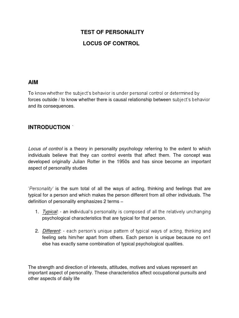 Test of Personality Locus of Control | PDF | Personality Psychology ...