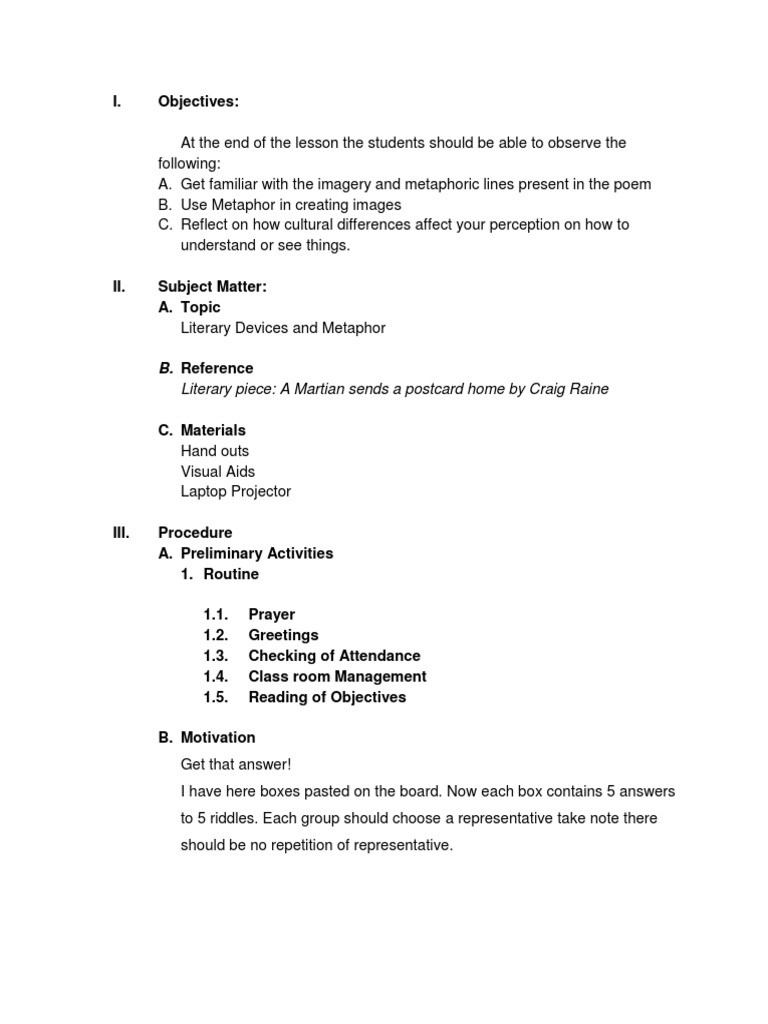 Lesson Plan For Imagery Revised | PDF | Senses | Metaphor
