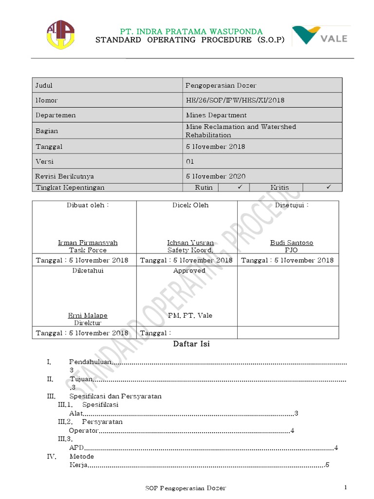 SOP Pengoperasian Dozer PT. IPW | PDF
