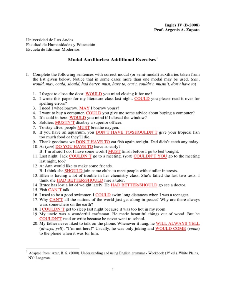 Modal Auxiliary Exercises with Answers | PDF