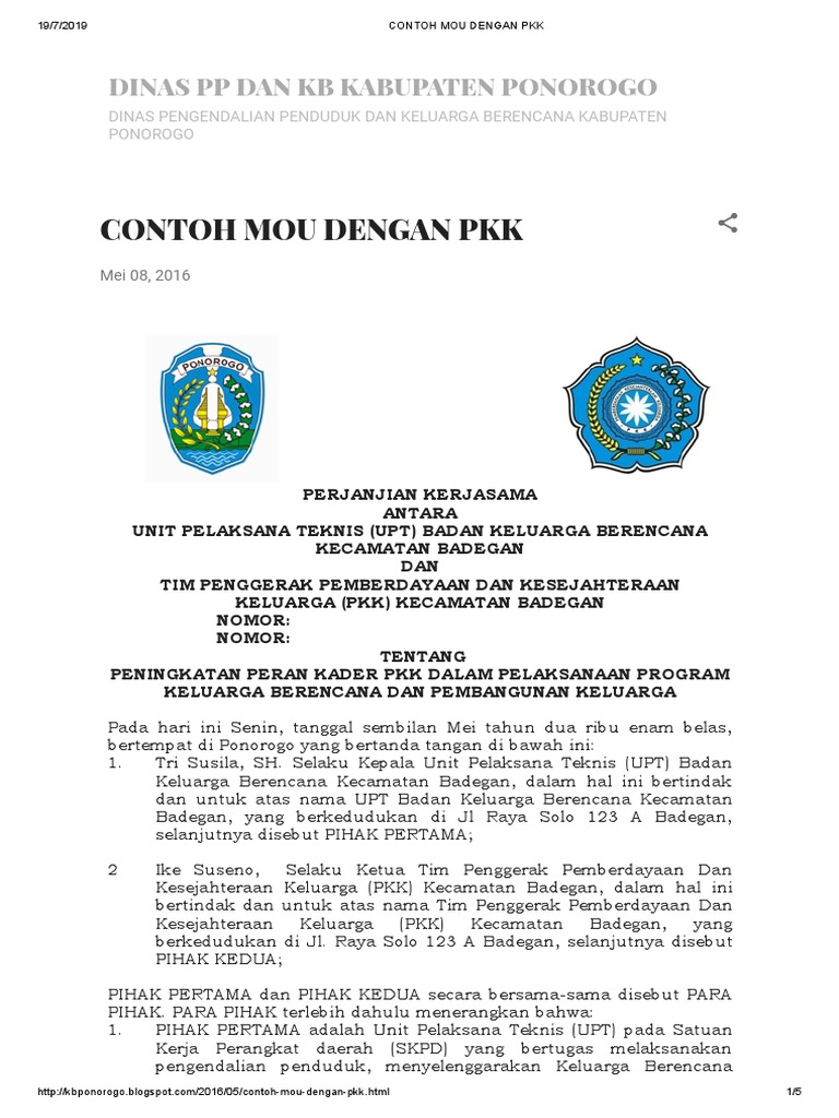 Contoh MOU PKK dan UPT KB | PDF