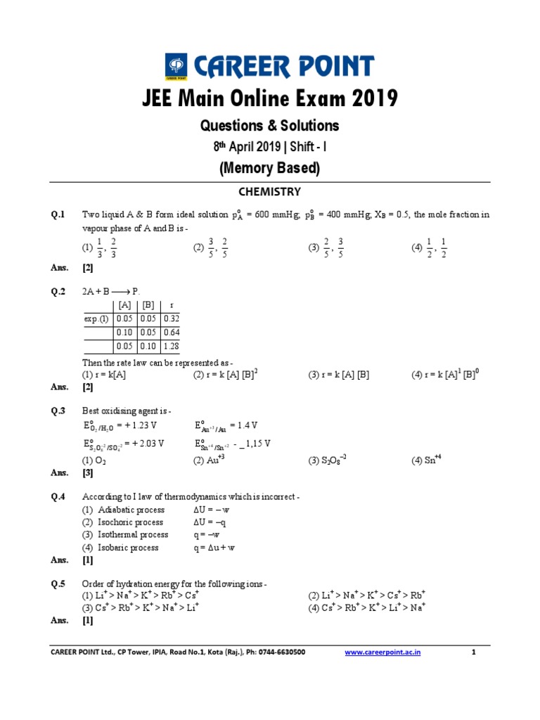 JEE Main Online Exam 2019: Questions & Solutions (Memory Based) | PDF ...