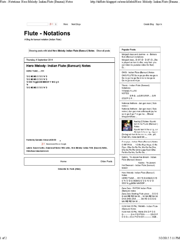 Flute Notations Hero Melody Indian Flute Bansuri Notes PDF | PDF