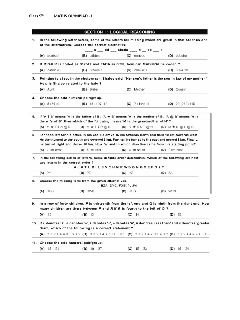 Class 9 Maths Olympiad 1 Pdf