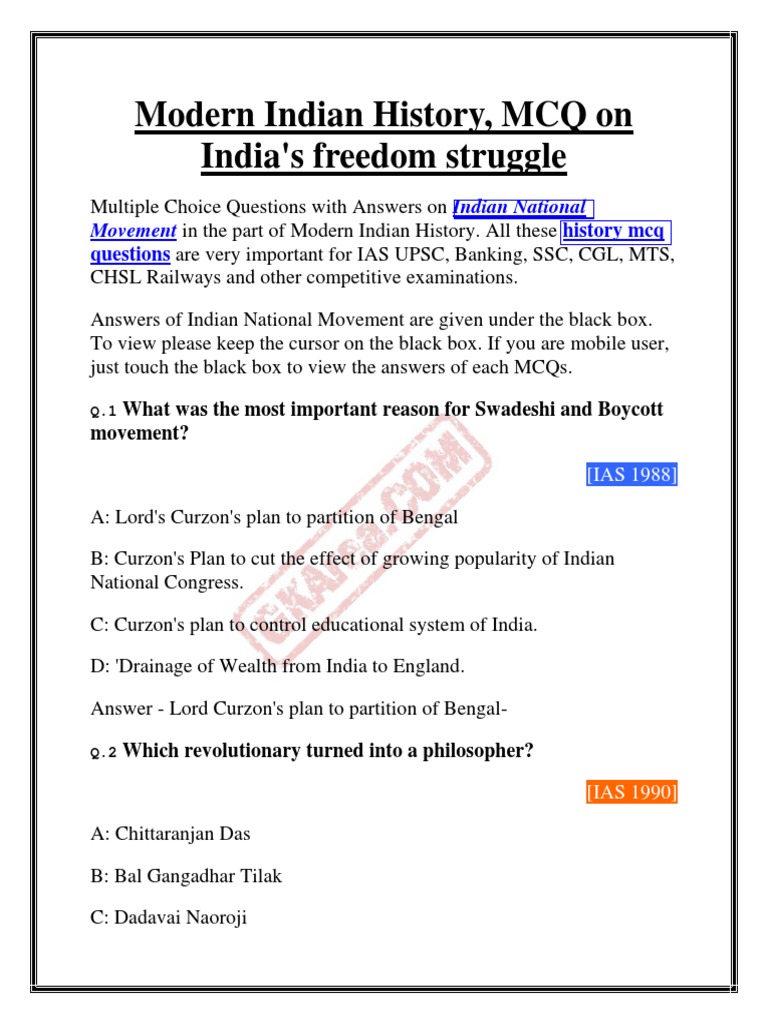 Modern India History MCQ | PDF | Indian Independence Movement | Mahatma ...