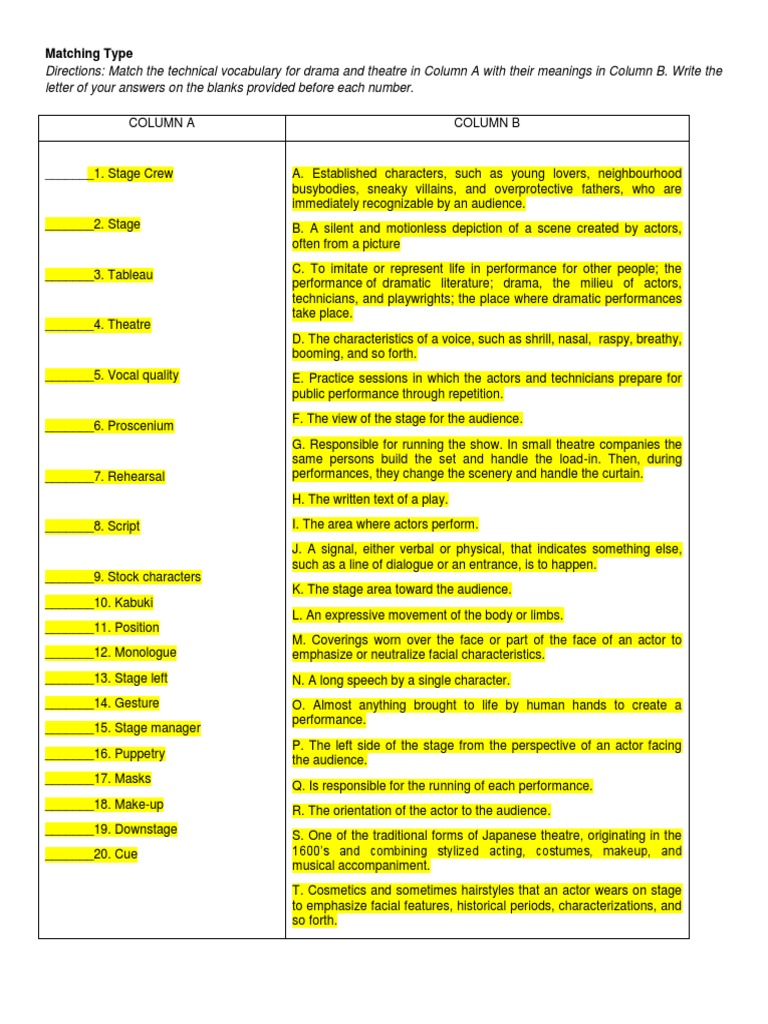 Drama and Theatre Vocabulary Match | PDF | Actor | Theatre