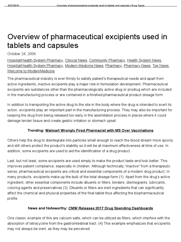 Overview of Pharmaceutical Excipients Used in Tablets and Capsules ...