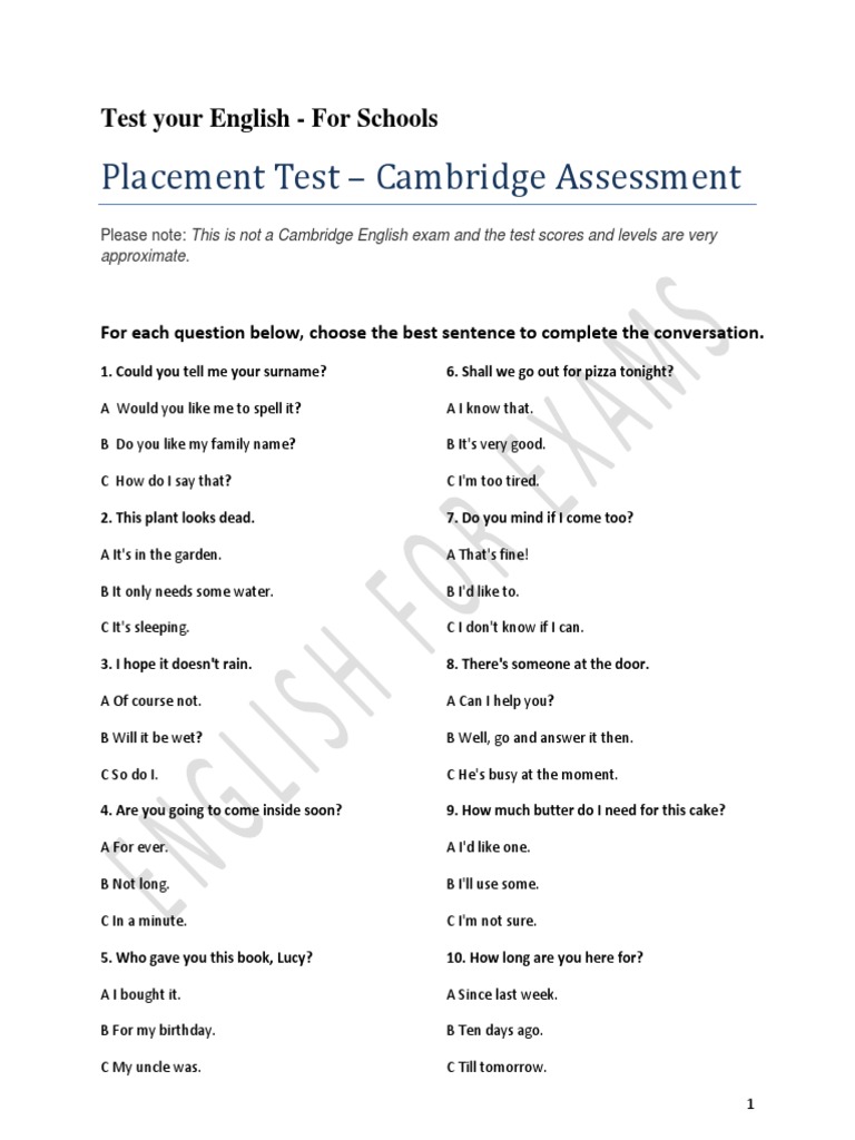 Placement Test - Cambridge Assessment: Test Your English - For Schools ...