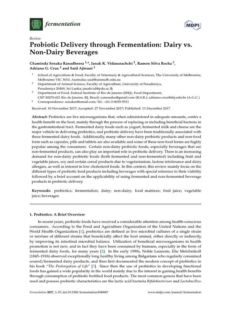 Probiotic Delivery Through Fermentation: Dairy vs. Non-Dairy Beverages ...