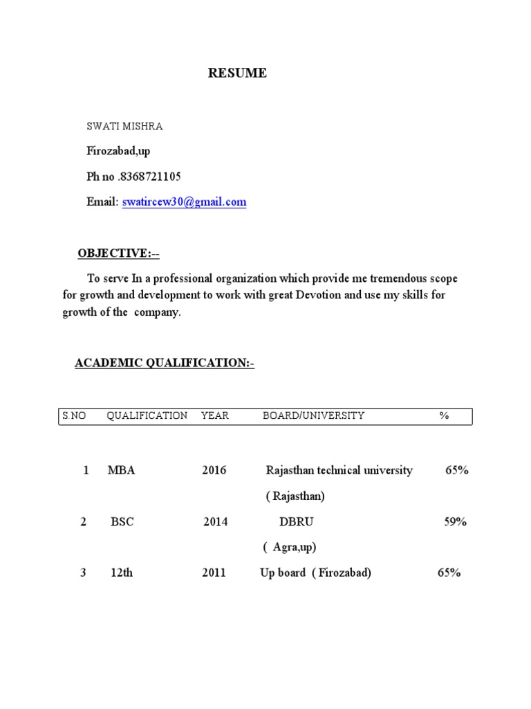 Swati Resume Pdf Applied Psychology Psychological Concepts