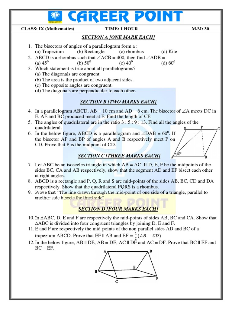 Class 9 Subjective Quadrilaterals | PDF