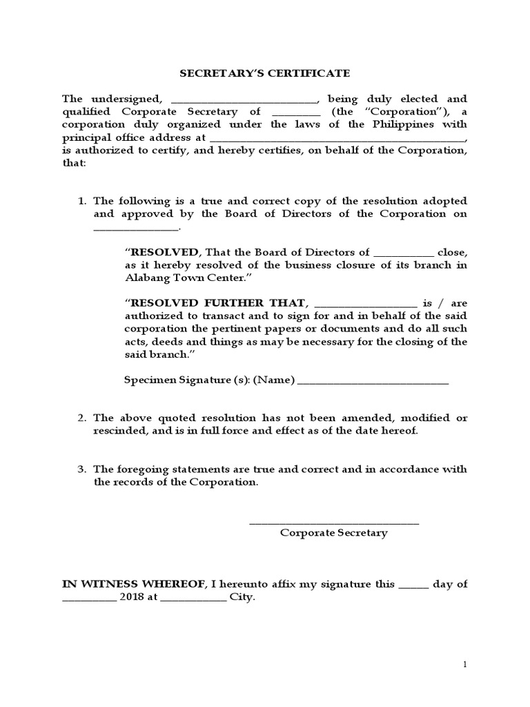 Secretary's Certificate - Business Closure | PDF Secretary's Certificate - Business Closure | PDF