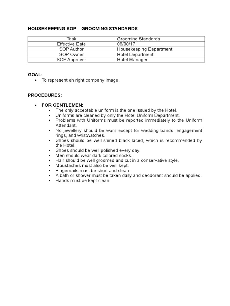 Housekeeping Sop Grooming Standards | PDF