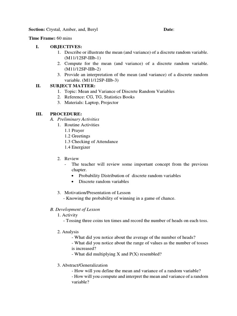 LP Chapter 2 Lesson 6 Mean and Variance of Random Variable | PDF | Expected Value | Random Variable
