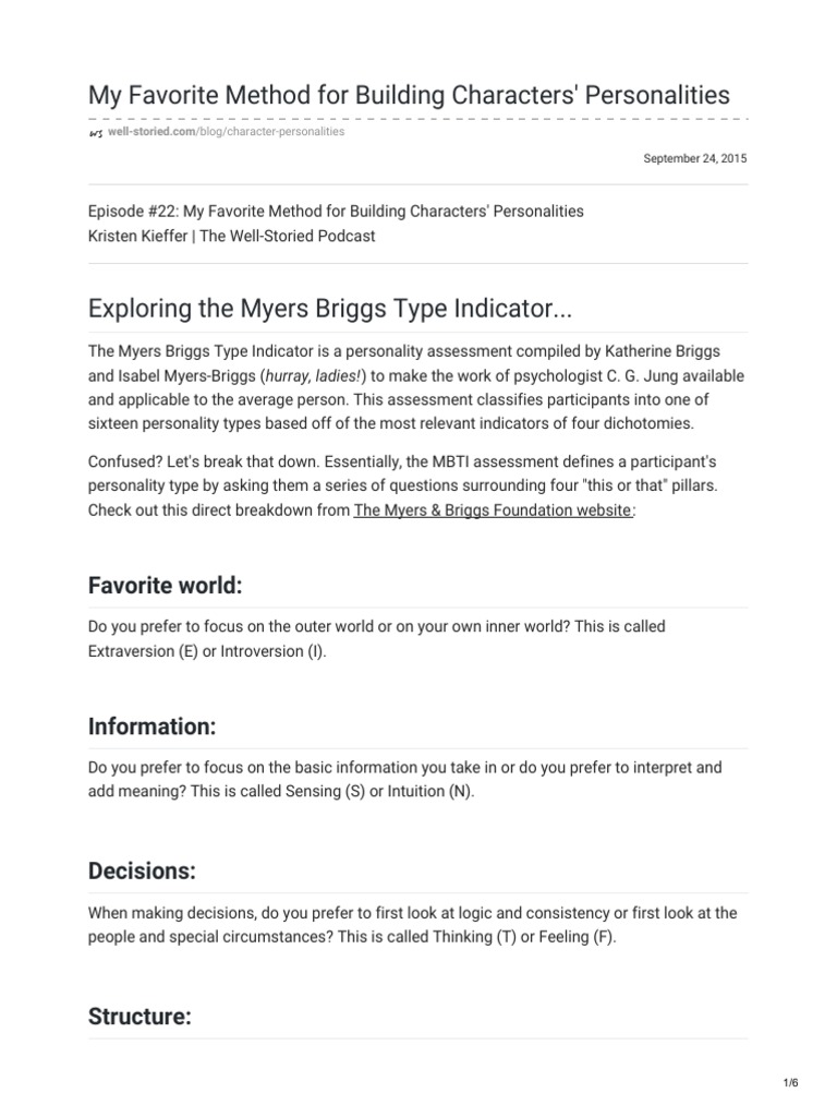 MBTI Character Creation | PDF | Personality Type | Psychological Concepts