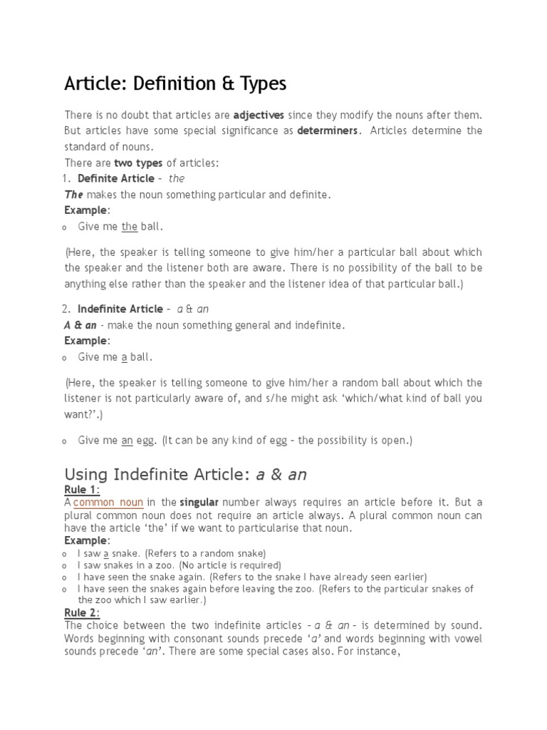 Article: Definition & Types: Using Indefinite Article: A & An | PDF ...